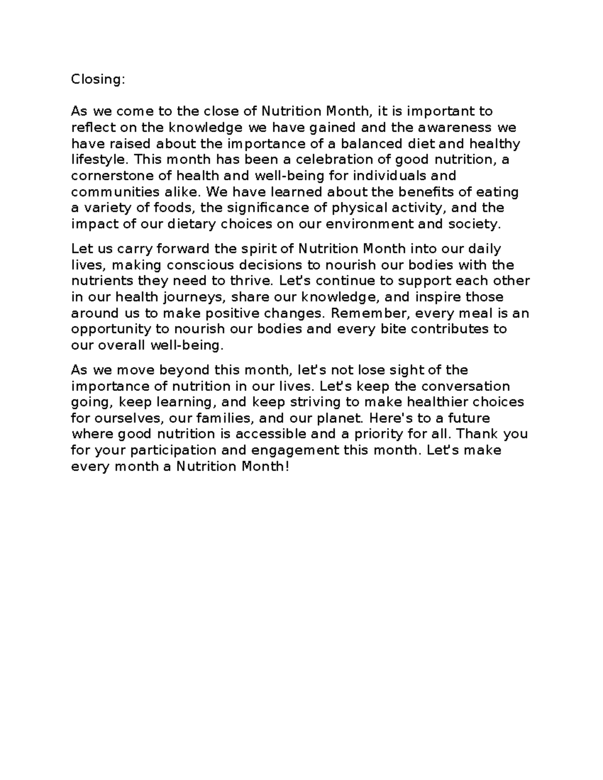 Nutrition Month Closing Remarks: Reflection and Future Commitment - Studocu