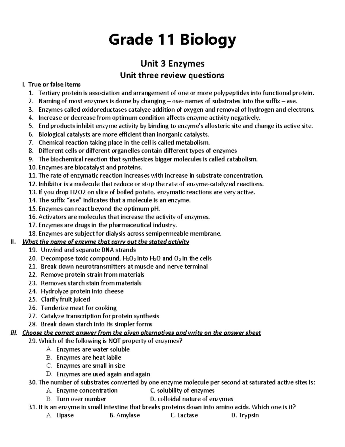 G11 Bio WS Unit 3 - Enzyme Review Questions and Concepts - Studocu