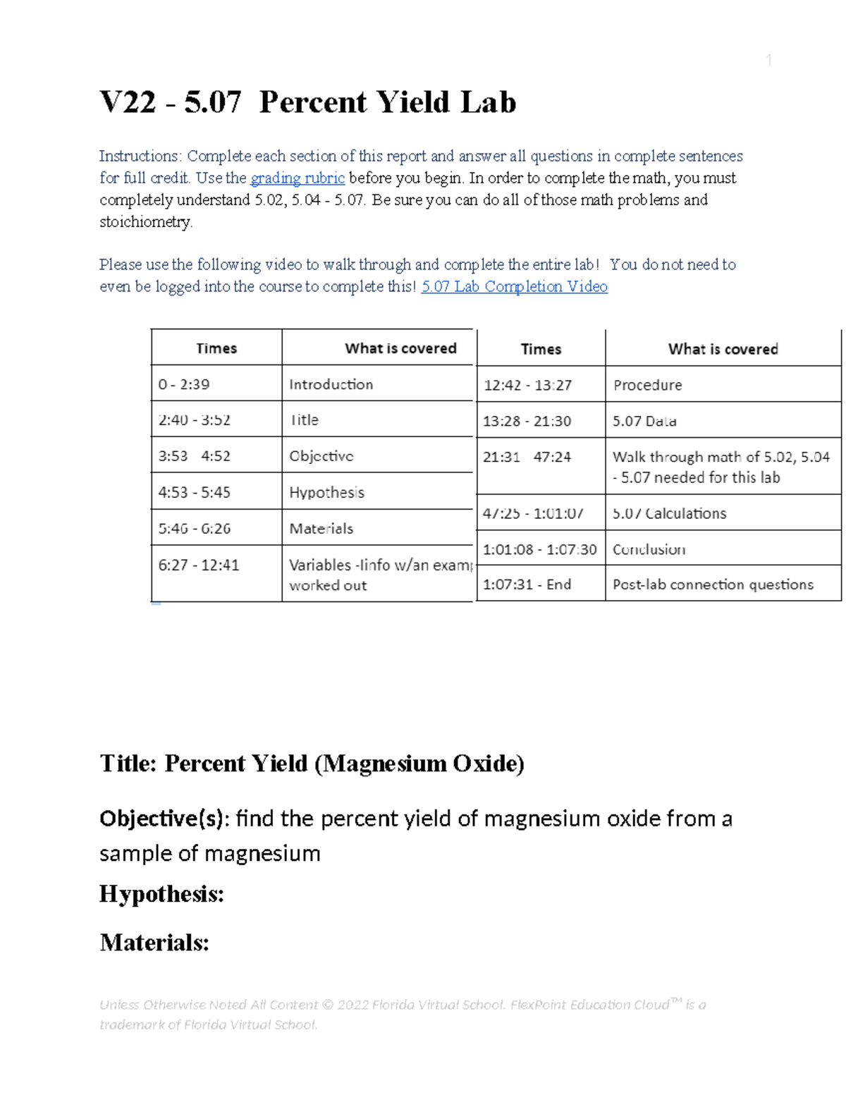 5.07 Percent Yield Lab Report: Magnesium Oxide Experiment Analysis ...