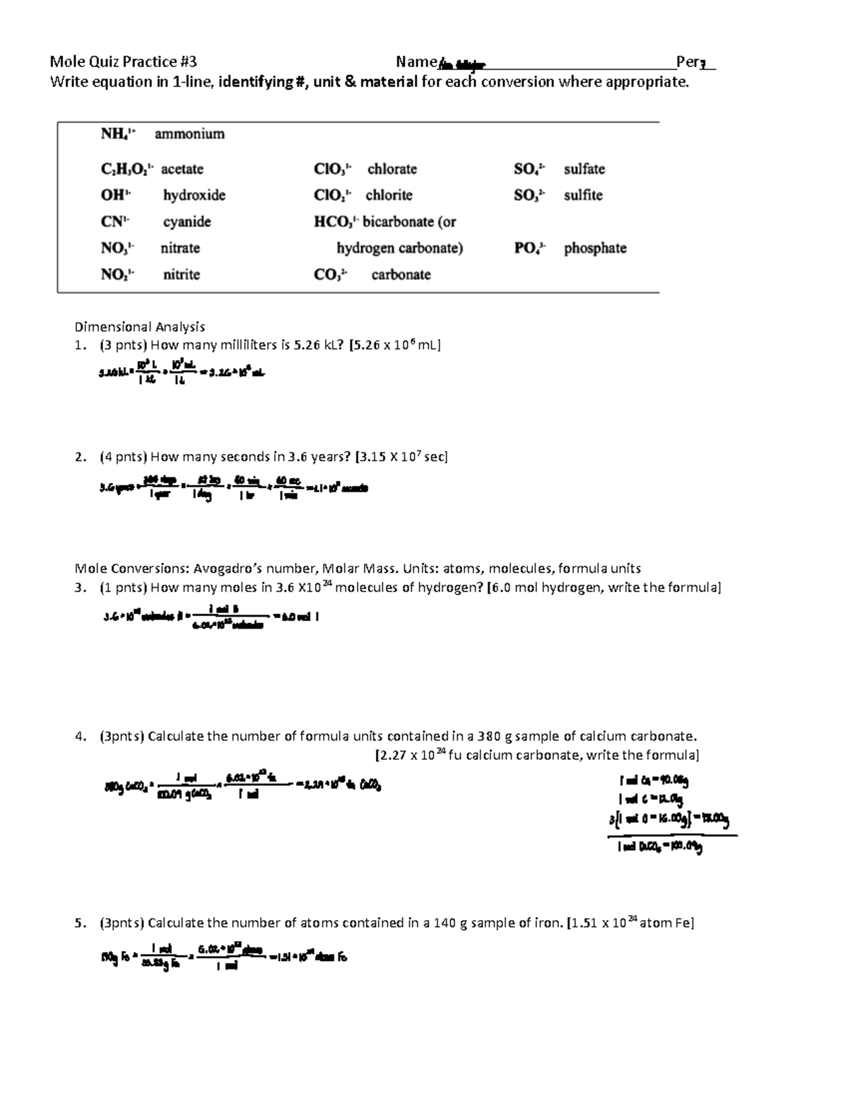 Mole Quiz Practice: Dimensional Analysis & Conversions - Studocu