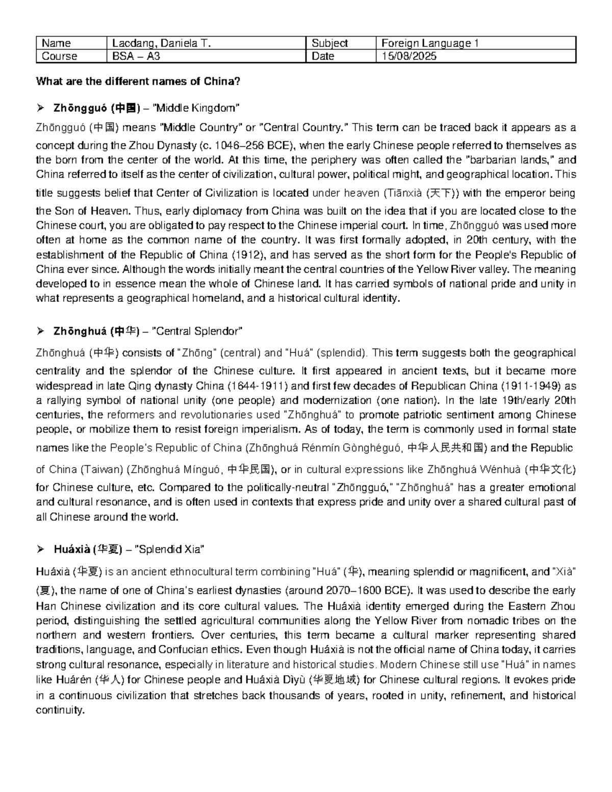 FL ACT1 - Different Names of China and Their Cultural Significance ...