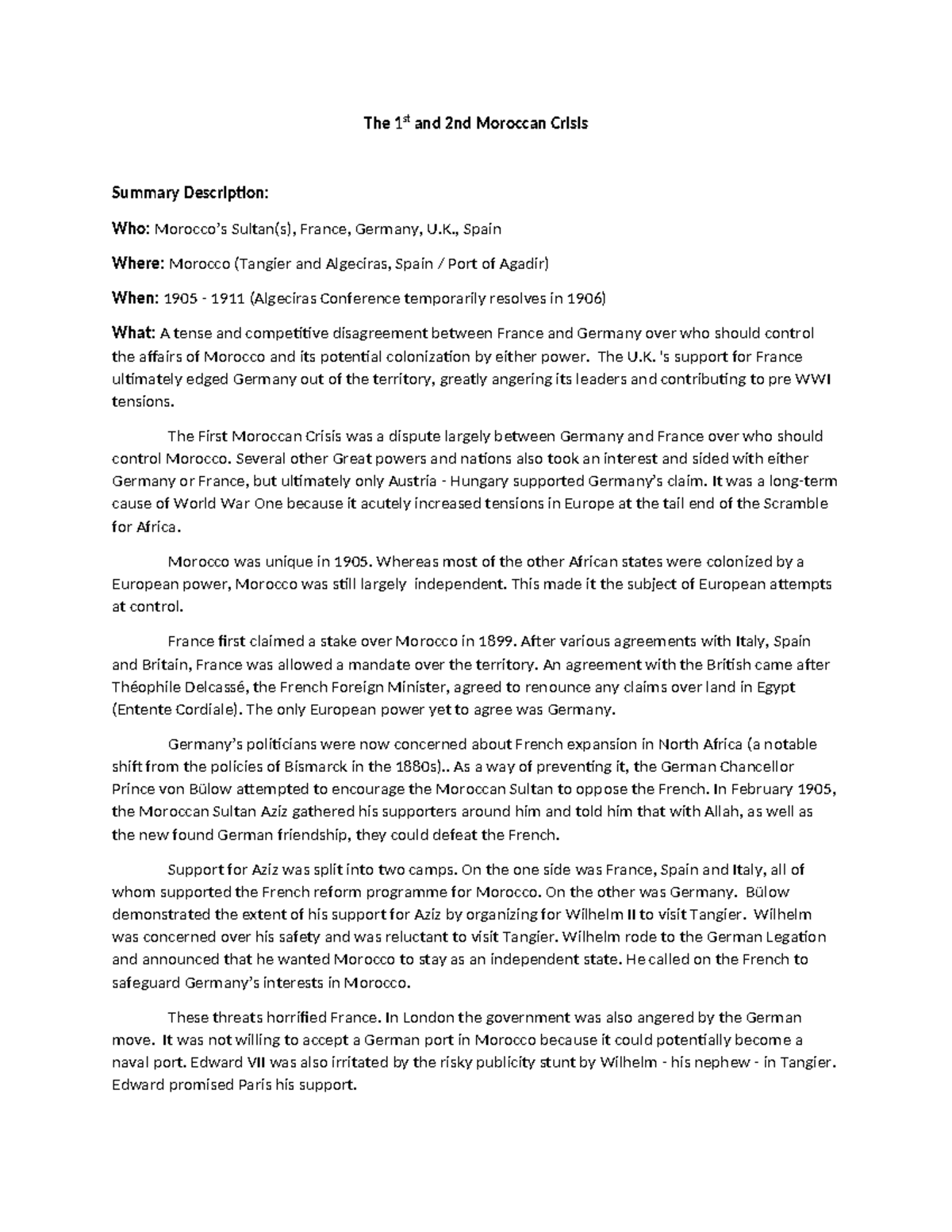 The First and Second Moroccan Crises: A Summary (HIST 101) - Studocu