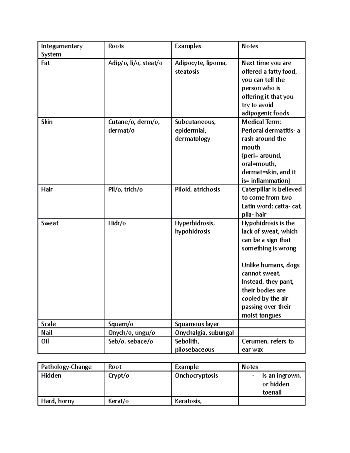 Integumentary System: Roots, Examples, and Dermatological Terms Notes ...