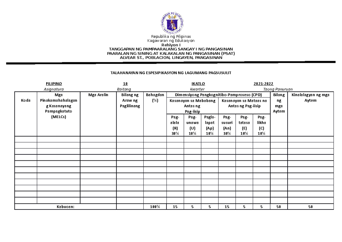 TOS-Template-Manual: Espesipikasyon ng Lagumang Pagsusulit sa Filipino ...