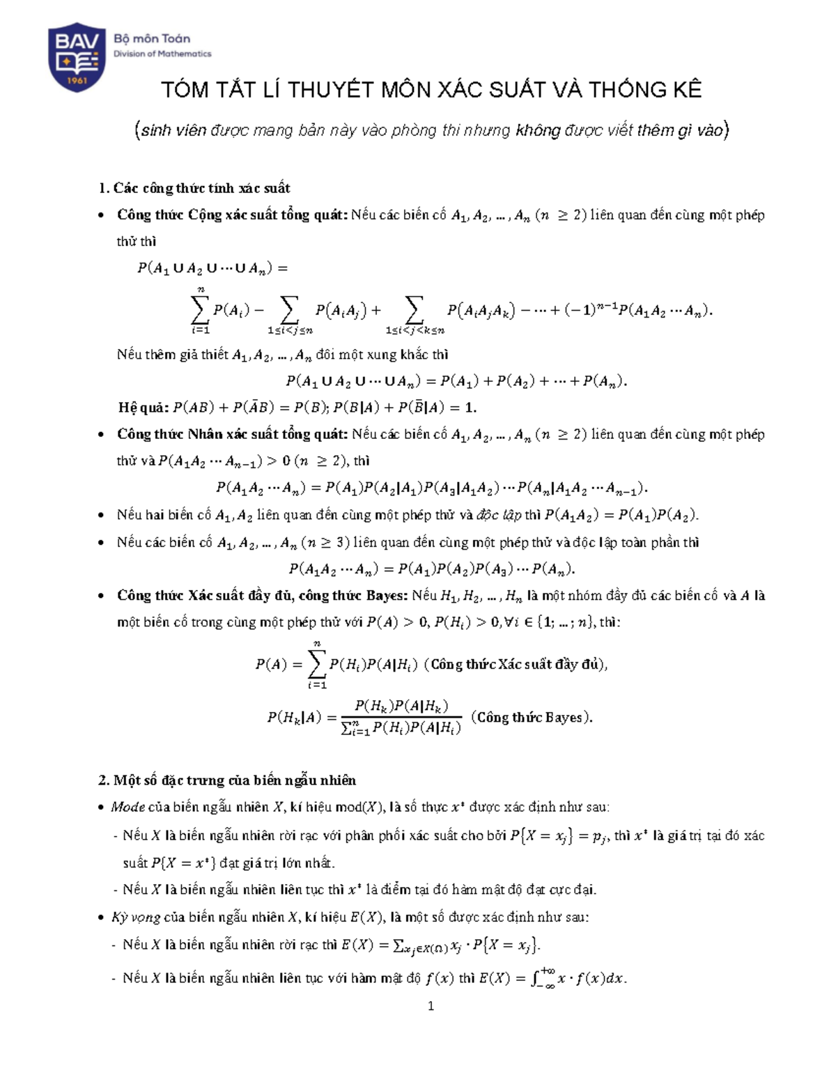 CÔNG THỨC XÁC SUẤT VÀ THỐNG KÊ (K28) - TÓM TẮT LÍ THUYẾT THI CUỐI - Studocu