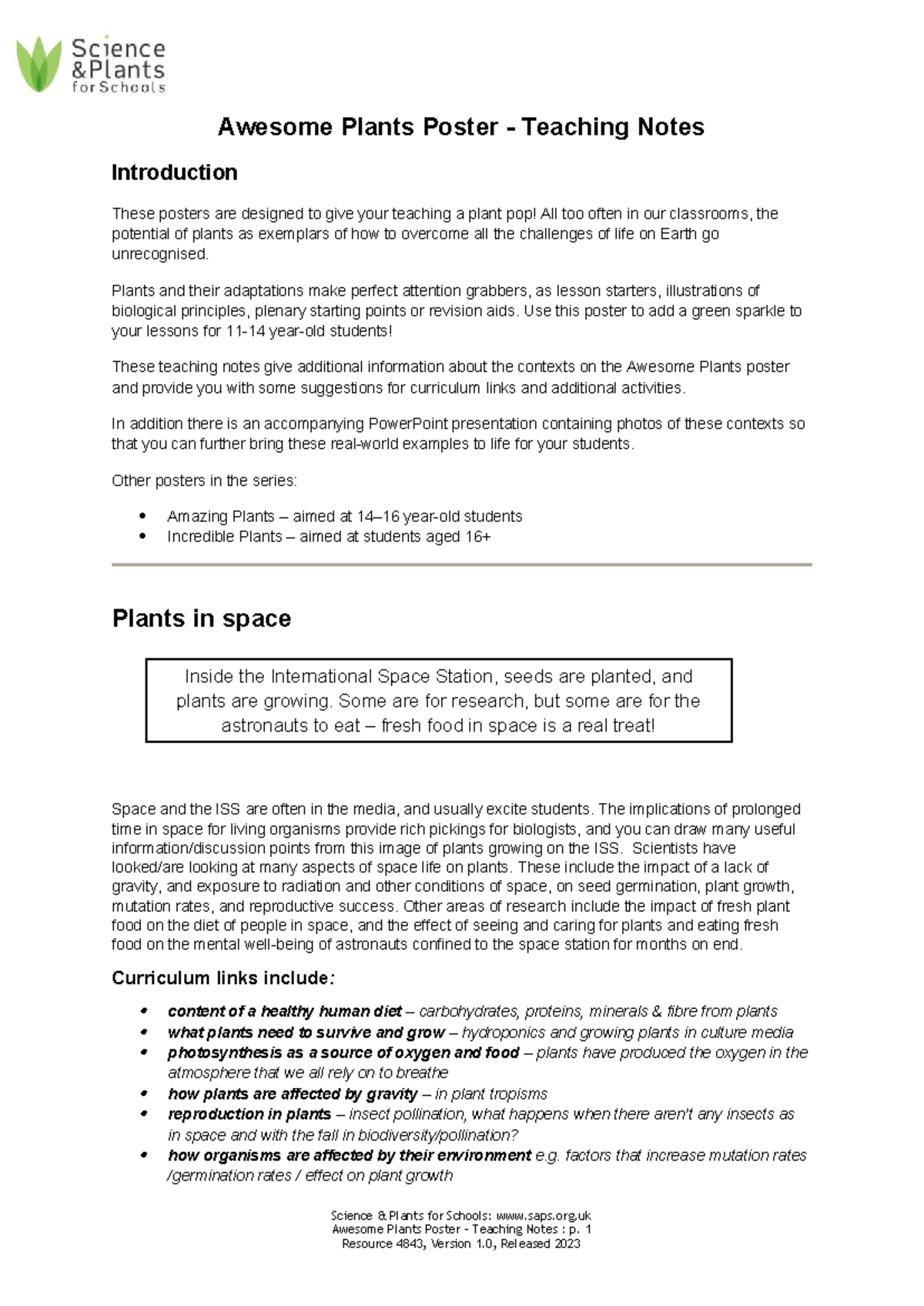 SAPS Awesome Plants Poster Teaching Notes and Activities Guide - Studocu