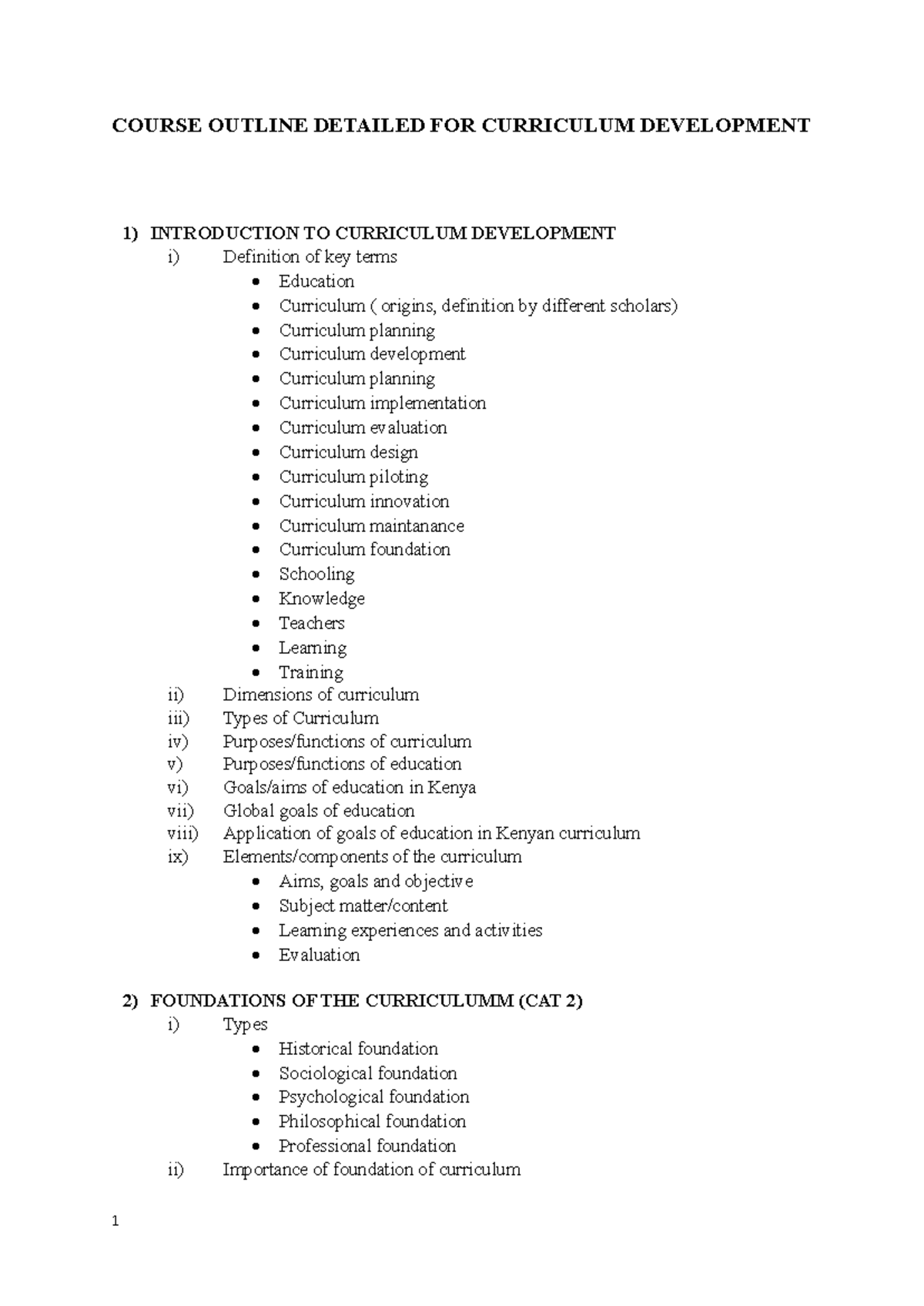 Detailed Course Outline for Curriculum Development (EDU 250513) - Studocu