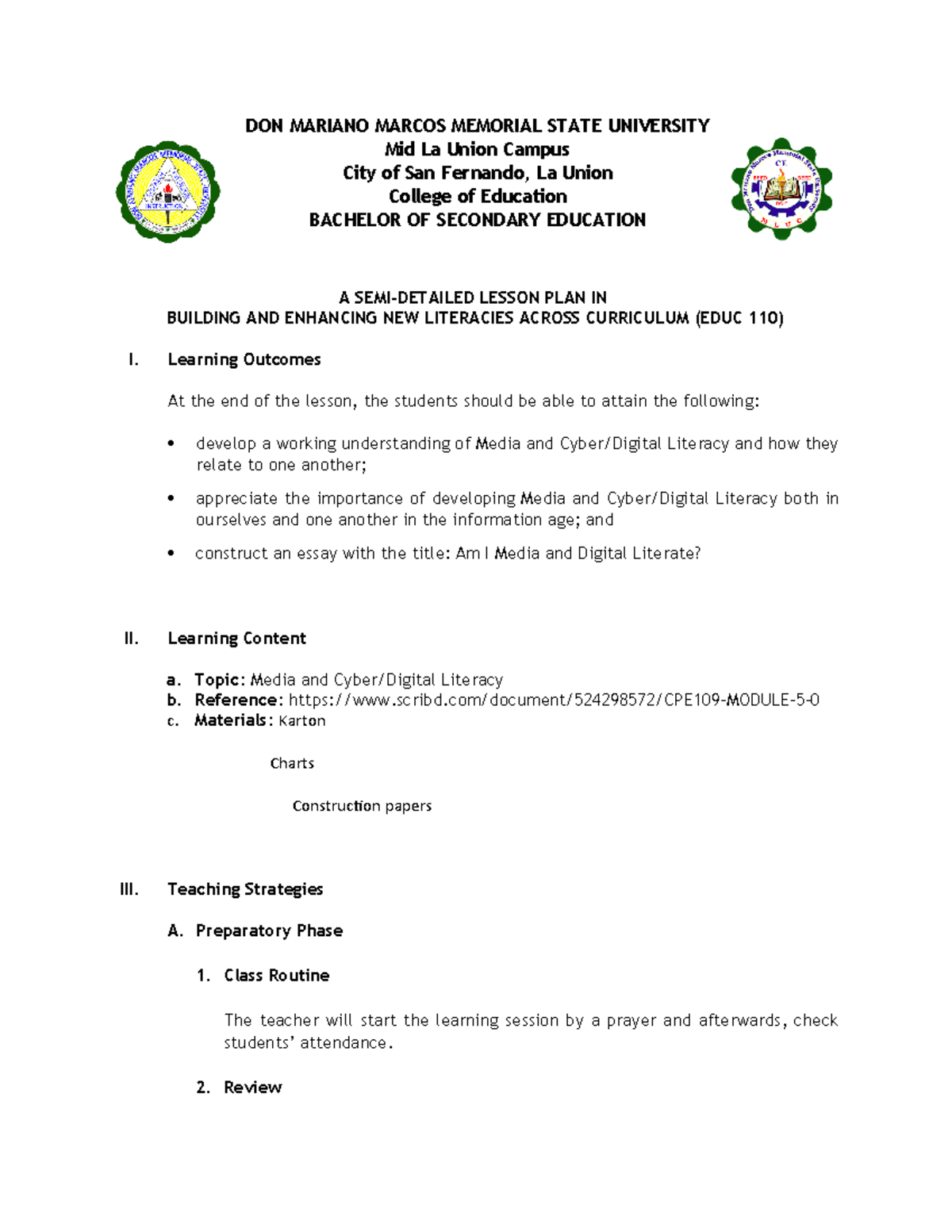 EDUC 110: Semi-Detailed Lesson Plan on Media and Cyber Literacy - Studocu