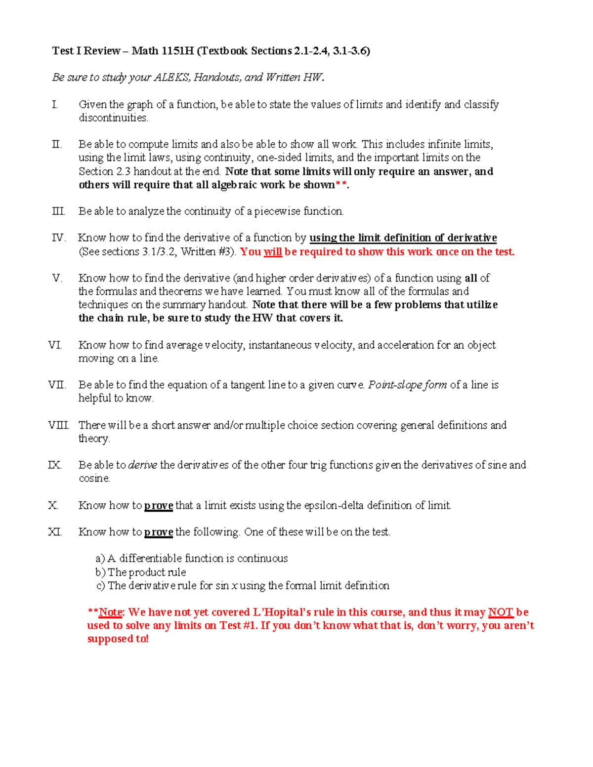 Math 1151H Test I Review: Limits, Derivatives & Continuity - Studocu