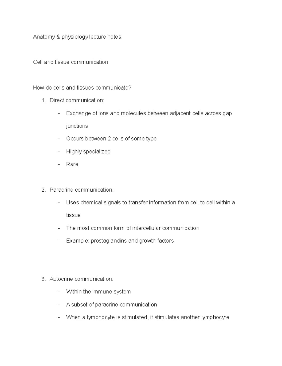 Anatomy & Physiology Lecture Notes: Cell & Tissue Communication ...