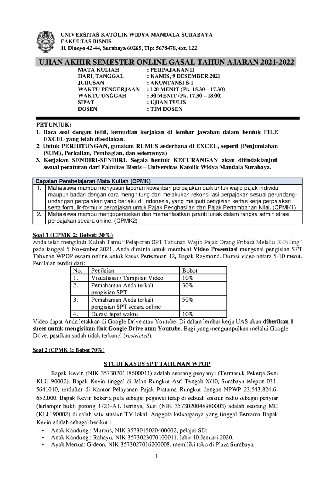 Soal UAS Perpajakan II Gasal 2021-2022 dan Pembahasan Kasus SPT - Studocu