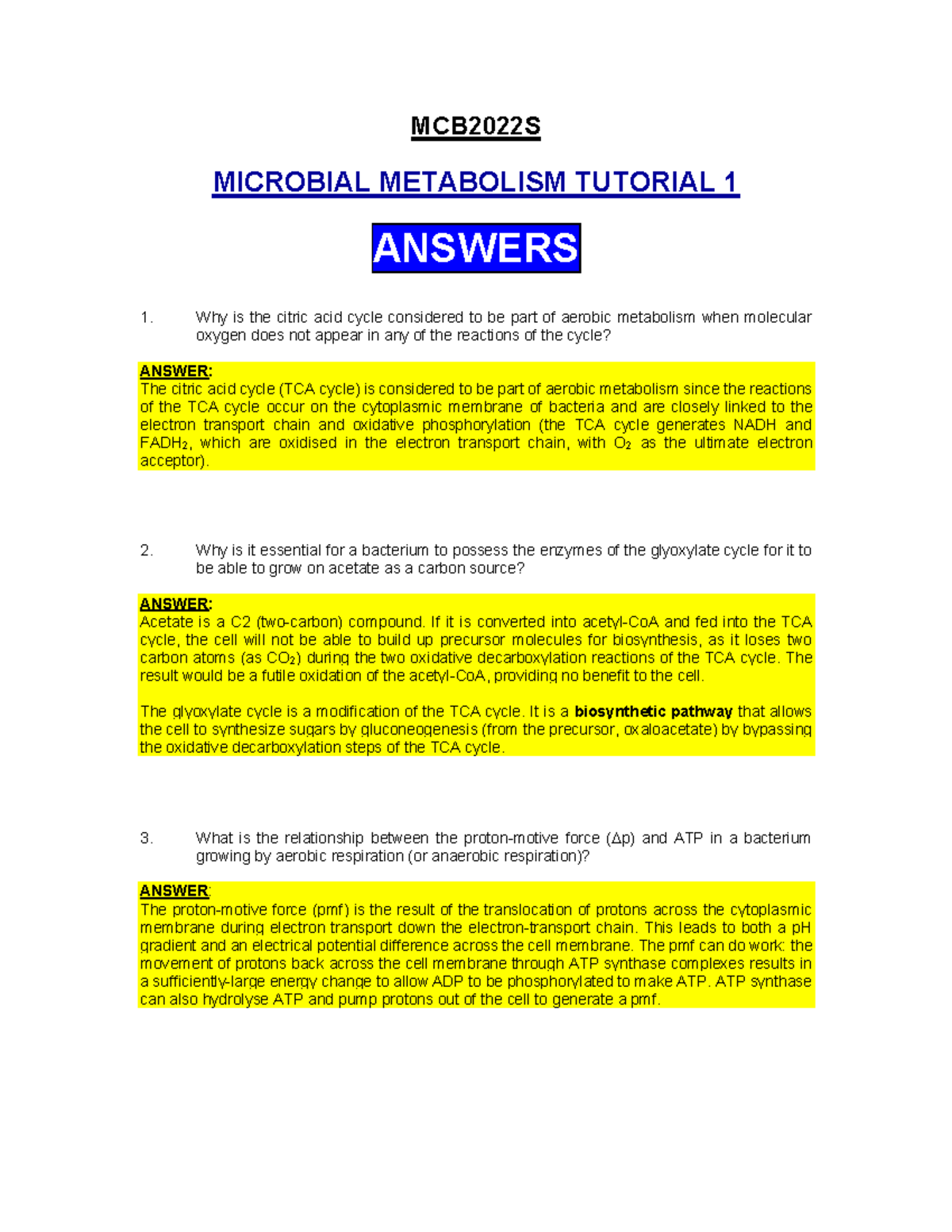 MCB2022S MICROBIAL METABOLISM TUTORIAL 1 ANSWERS - Studocu