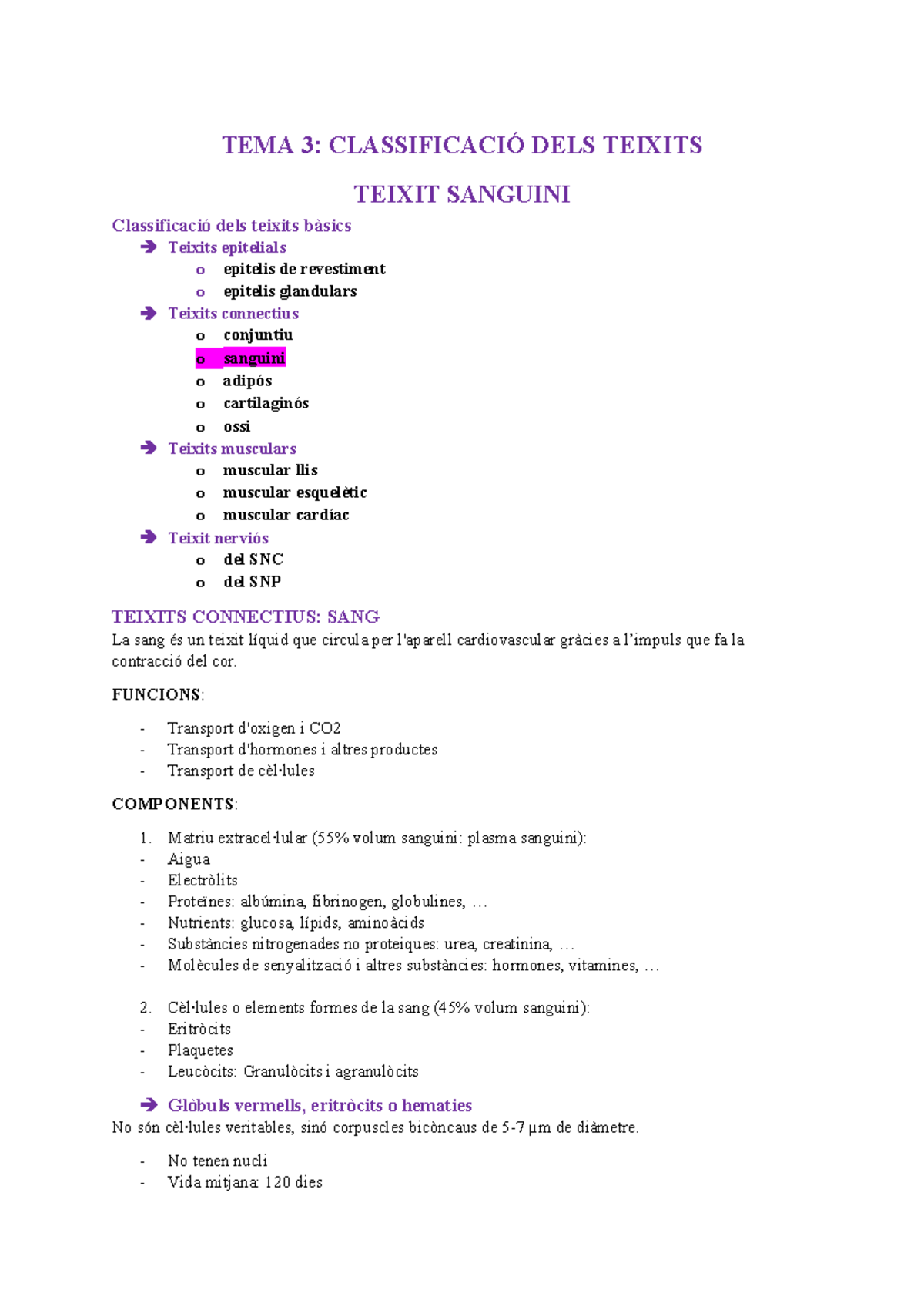 TEMA 4. teixit sanguini - TEMA 3: CLASSIFICACIÓ DELS TEIXITS TEIXIT ...