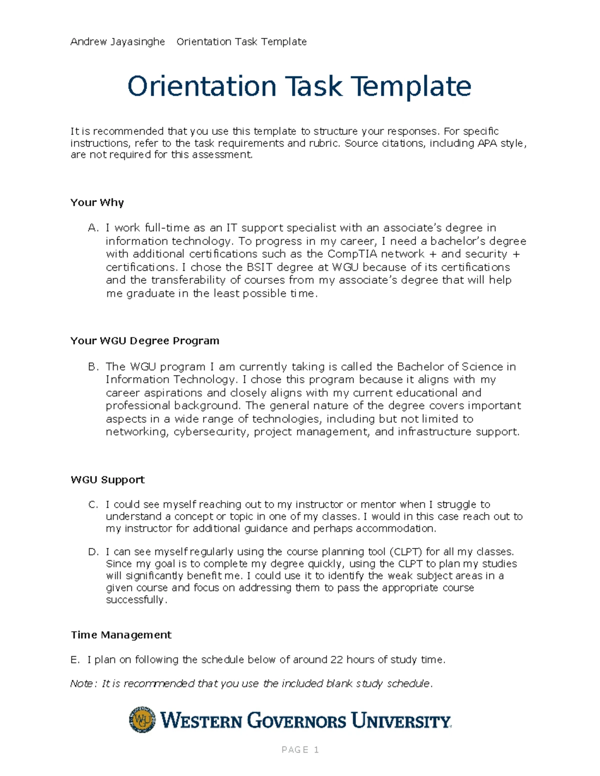 Orientation Assessment - GOM4 Orientation Task Assignment Template Note ...
