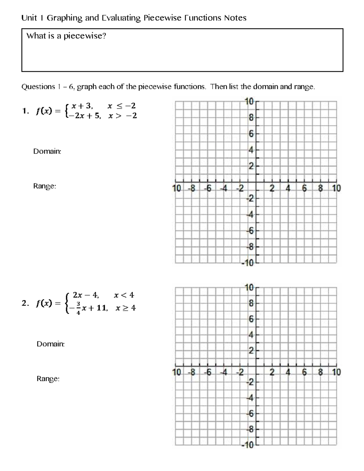 Unit 1 Graphing Evaluating Piecewise Functions Notes Studocu