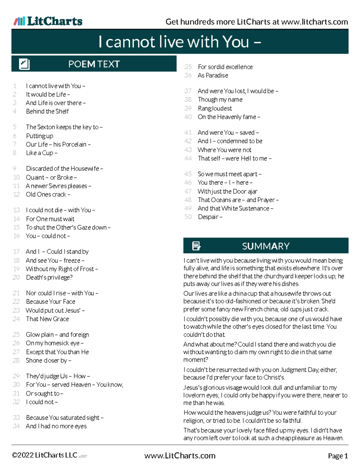 I Cannot Live With You - Poetry Analysis Study Guide (LitCharts) - Studocu