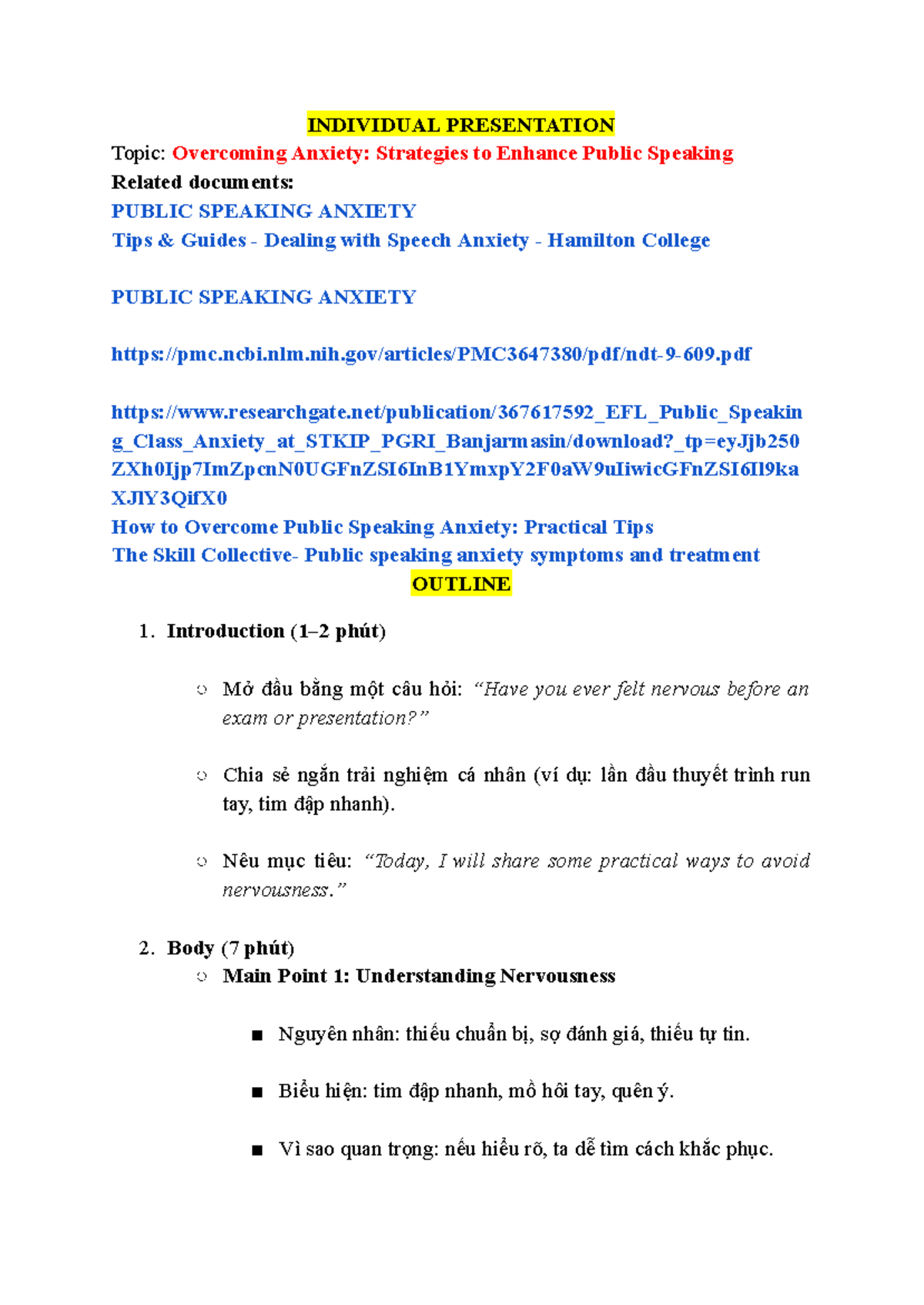 Individual Presentation: Overcoming Anxiety in Public Speaking - Studocu