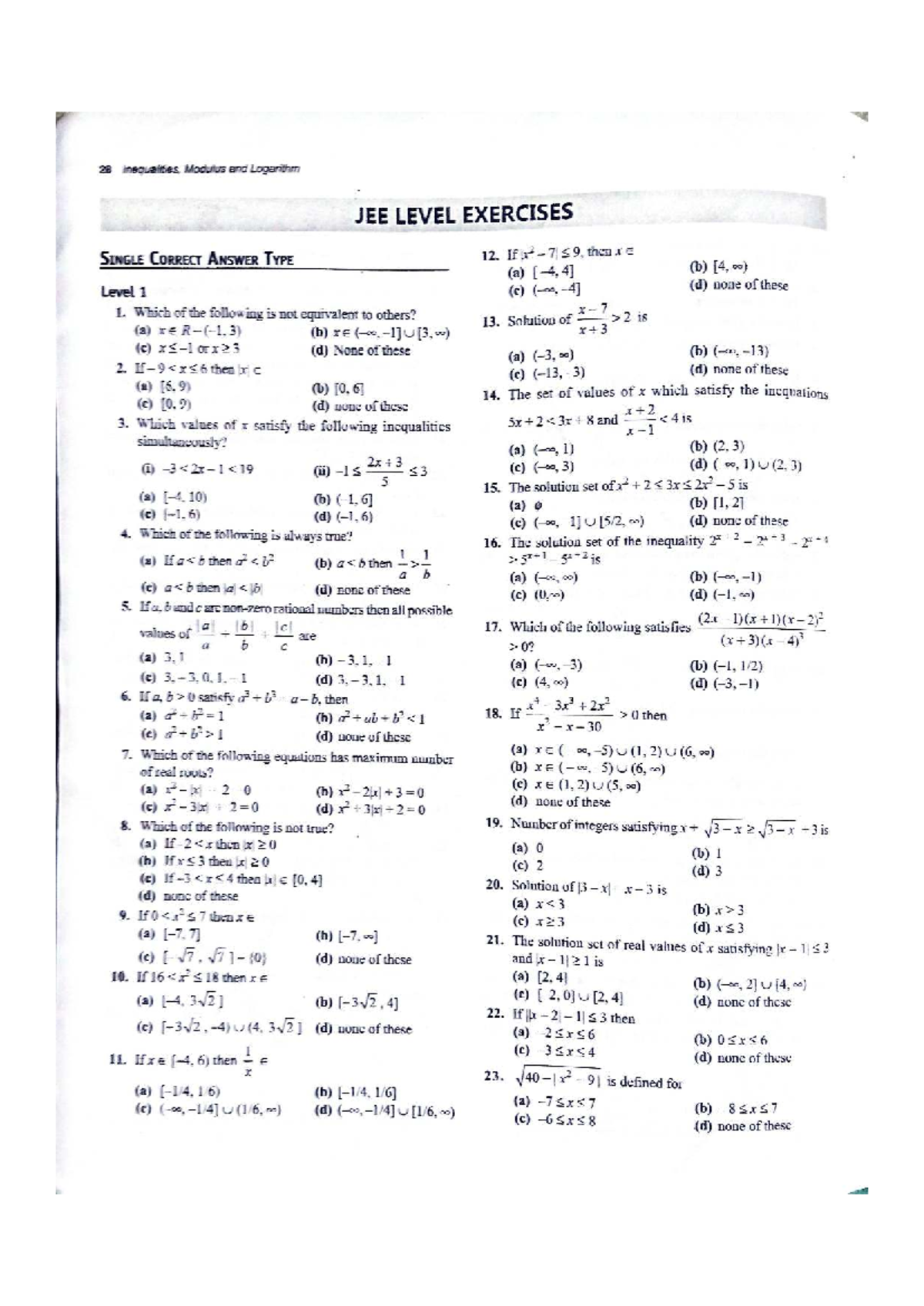 JEE LEVEL EXERCISES: Inequalities, Modulus, and Logarithm - Studocu