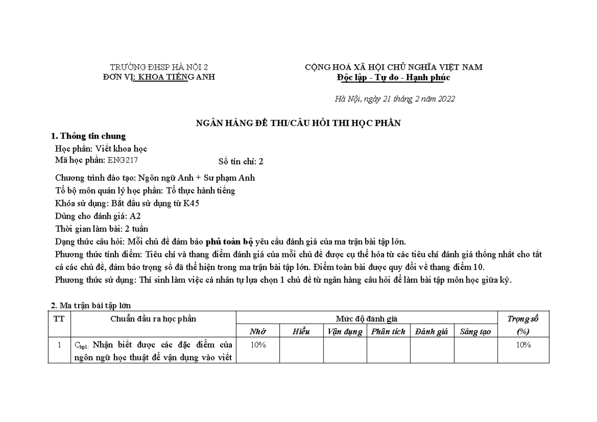 Ngân hàng đề thi môn Viết Khoa Học ENG217 - Bài Tập Lớn 2023 - Studocu