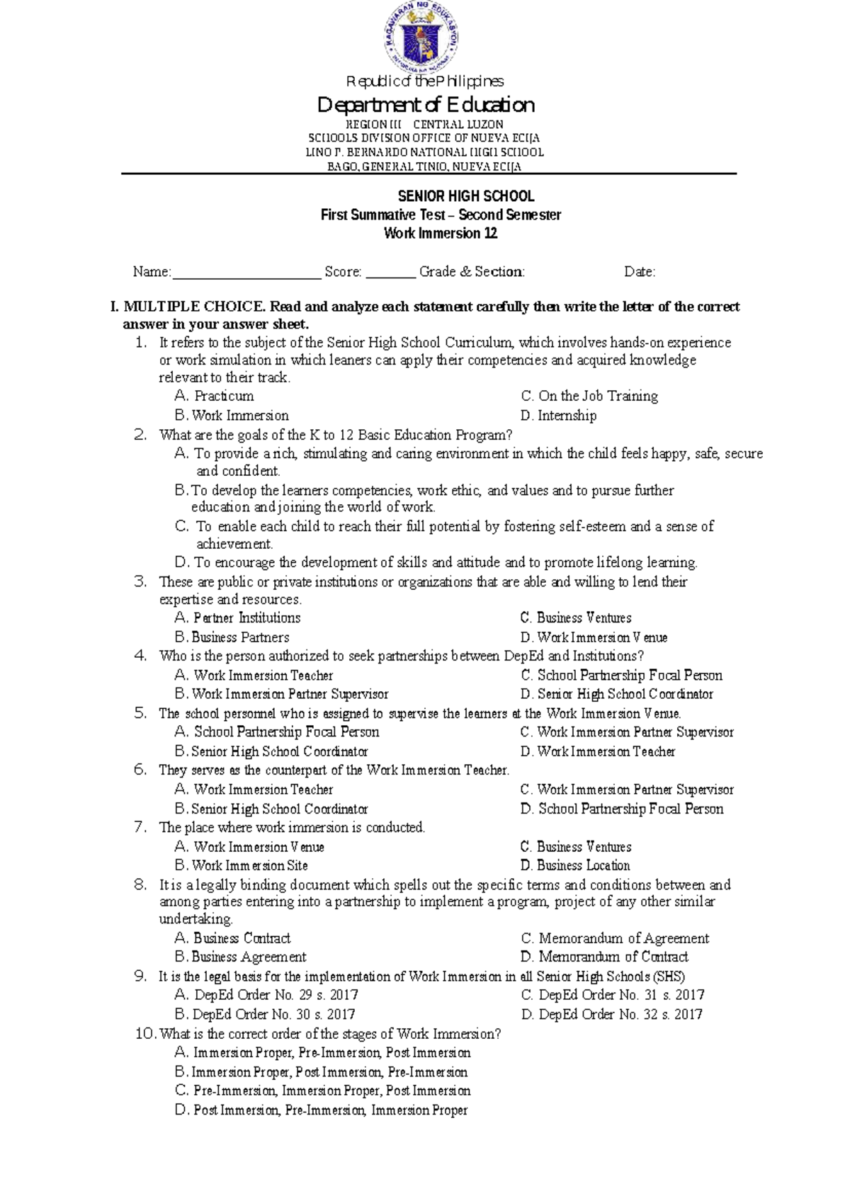 SEC-EM Work Immersion 12 First Summative Test 2023-24 - Studocu