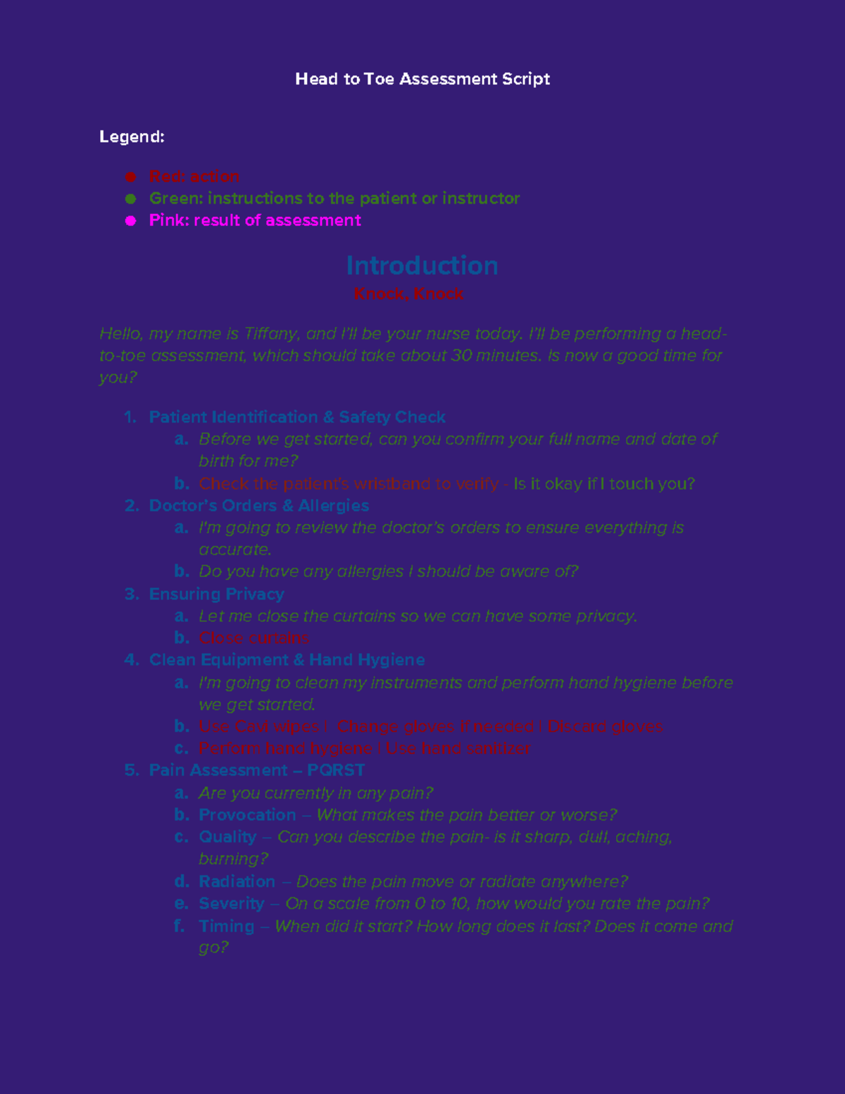 Head to Toe Assessment Script for Nursing Practice - Studocu