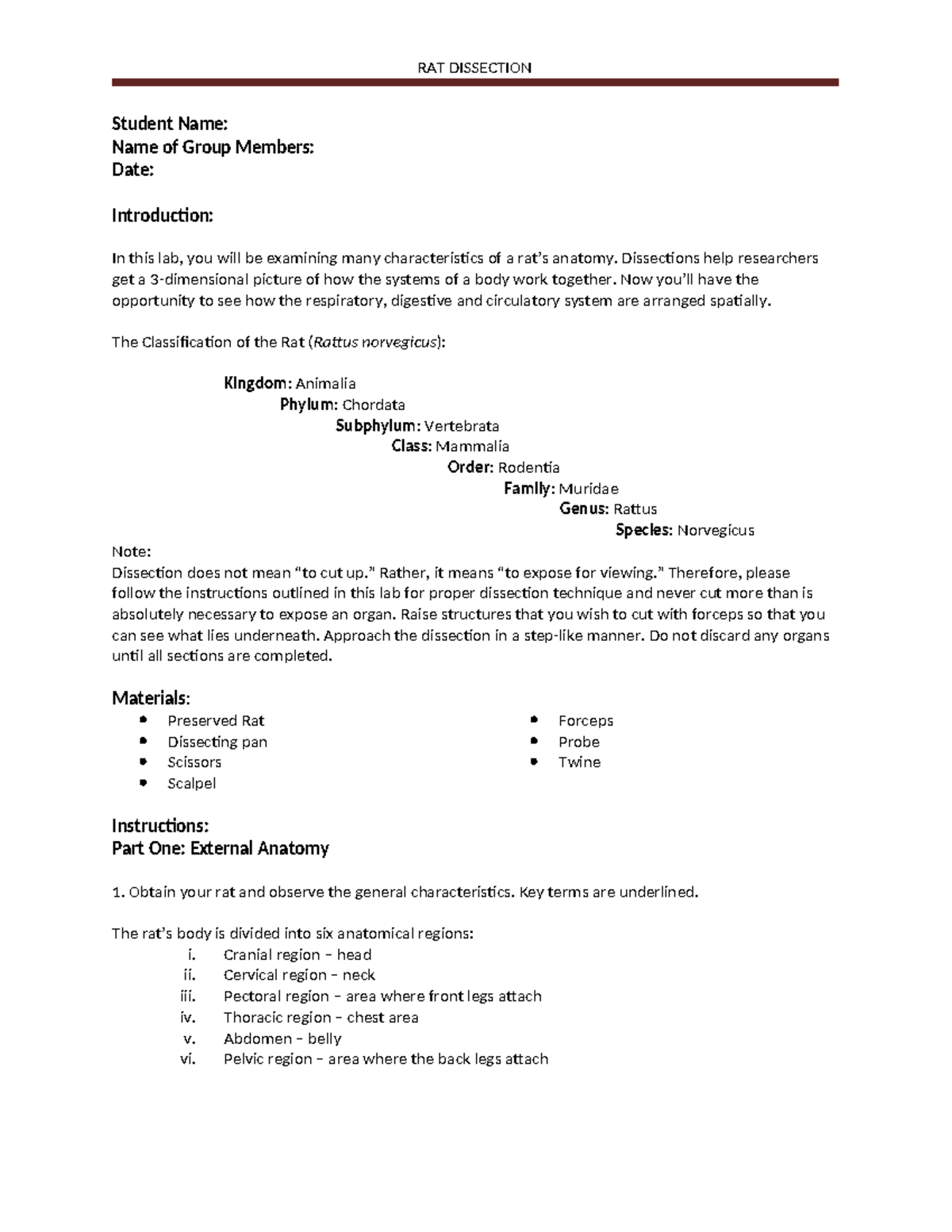 Rat Dissection Lab Manual (Bio 101): Anatomy Exploration Guide - Studocu