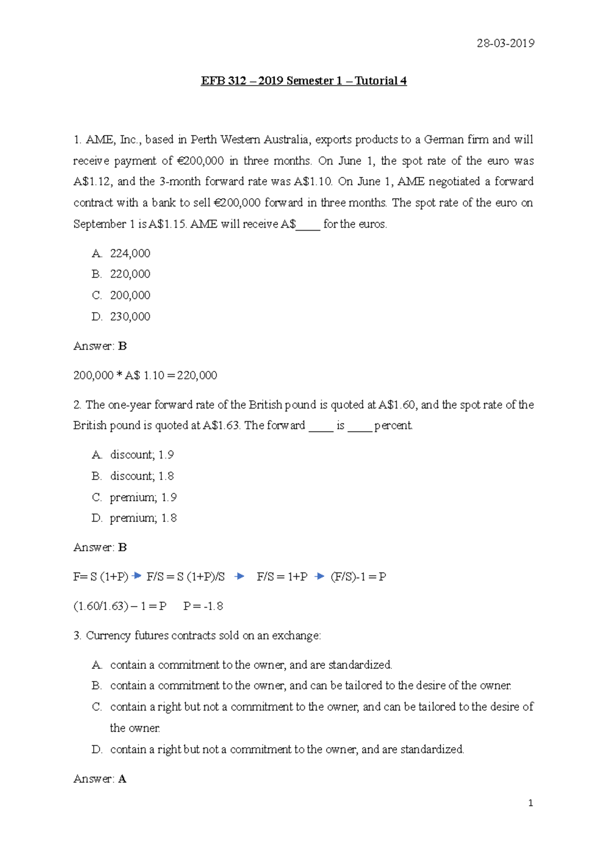 Tutorial 4 Questions and Answers (Multiple Choice) - 28-03-2019 EFB 312 ...