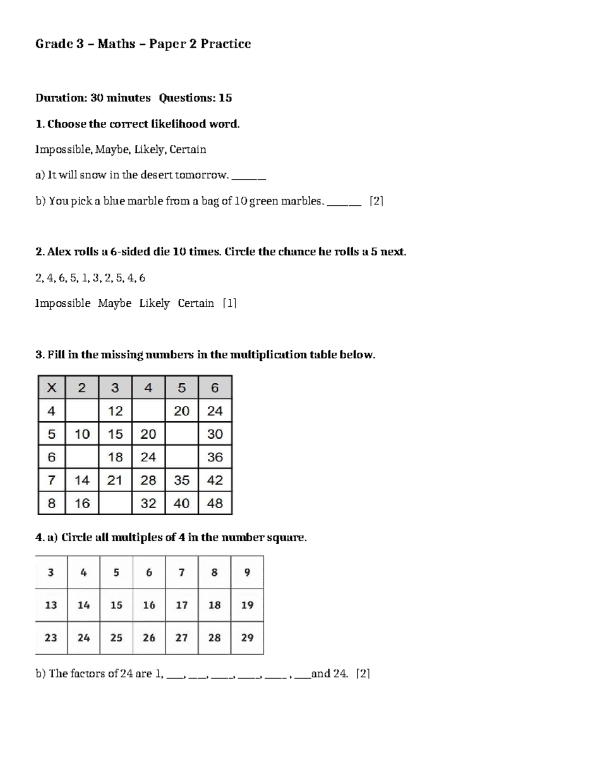 Grade 3 Maths Test Paper - Practice 2 (30 min, 15 Qs) - Studocu