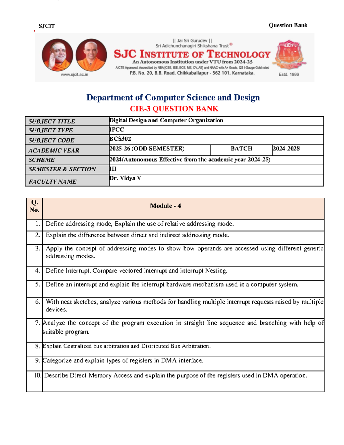 DDCO Question Bank CIE-3 for BCS302 - Digital Design & Computer Org ...