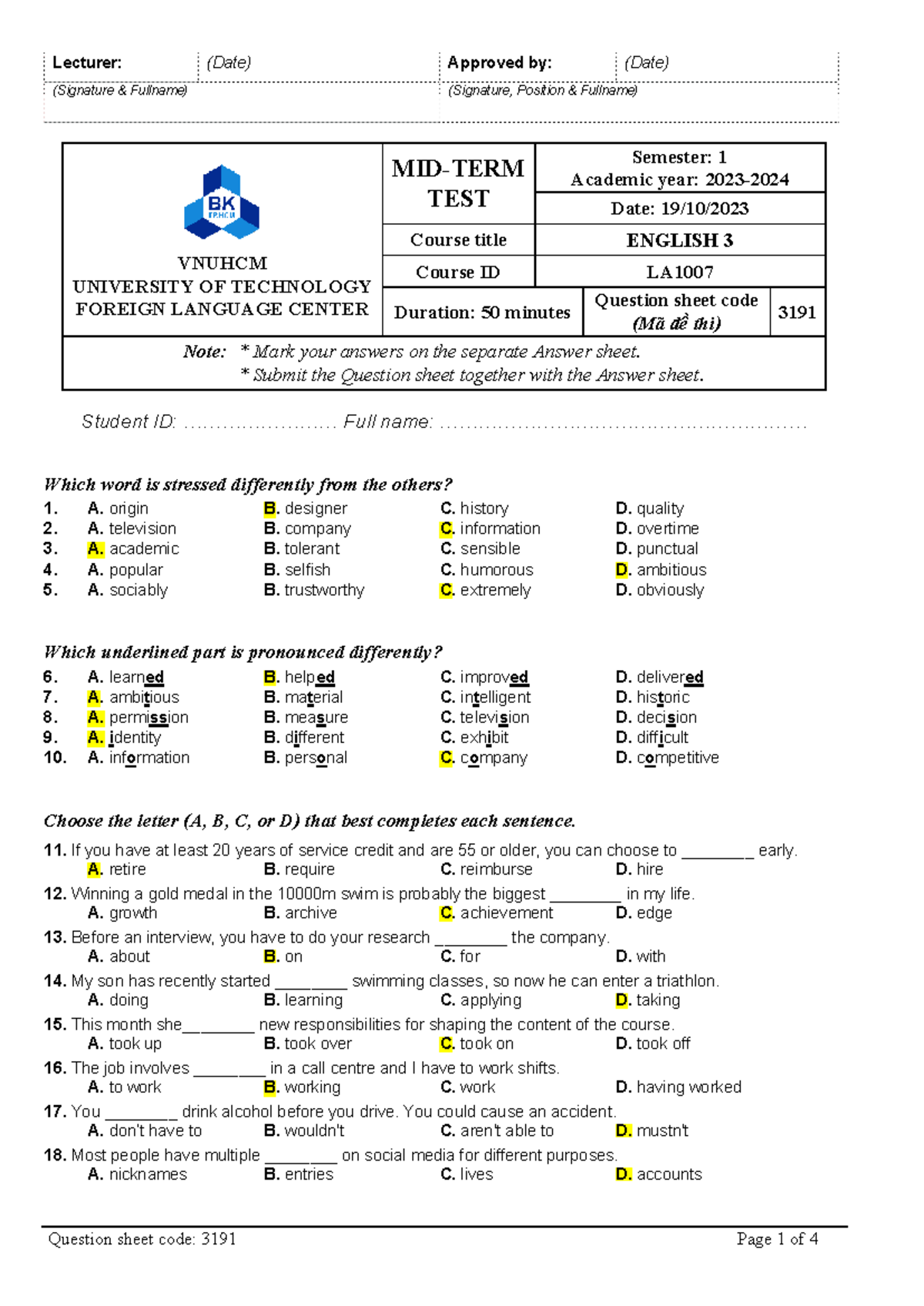 AV3 MID English 3 Test Question Sheet (Code: 3191) - Studocu