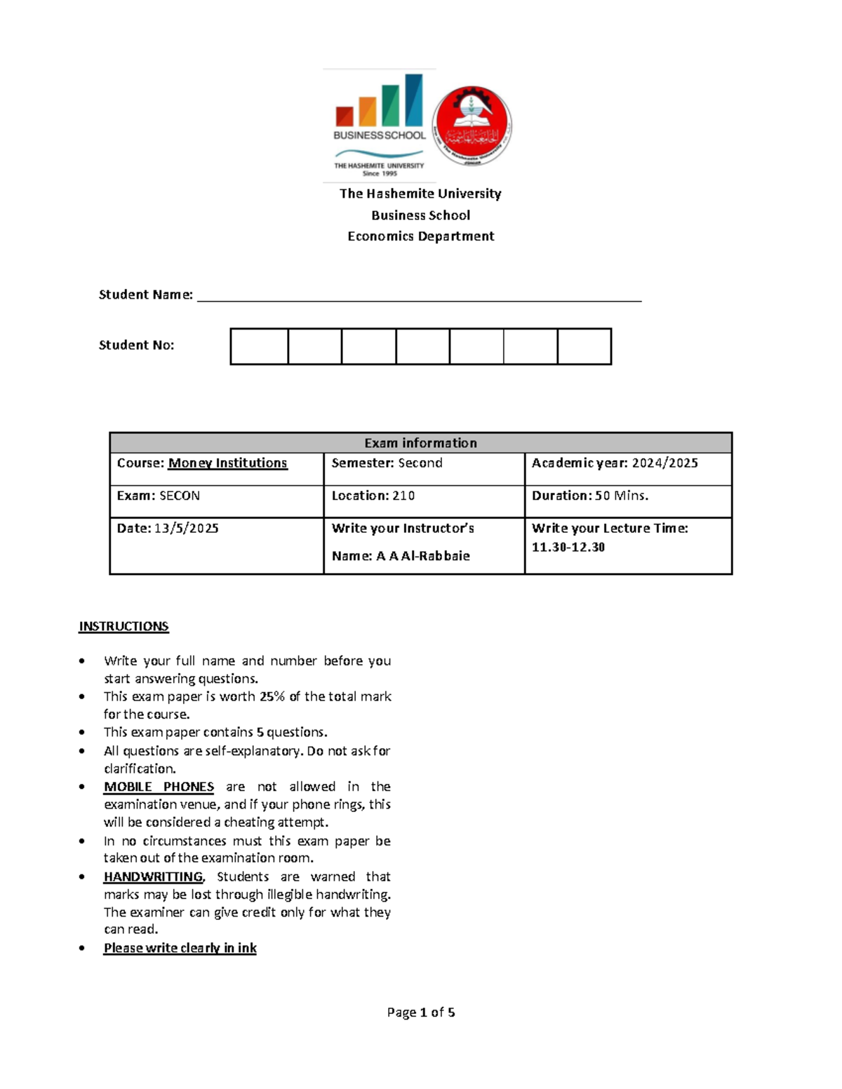 Money Institutions Exam (Course Code: A A) - Second Semester - Studocu