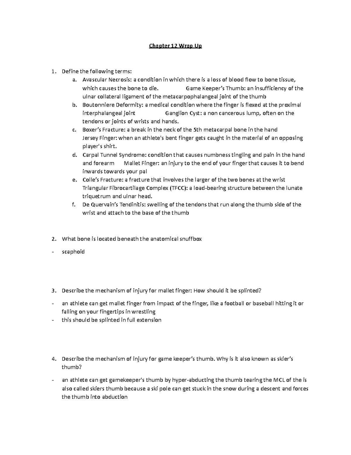 Sports Medicine Chapter 12 Wrap Up - Chapter 12 Wrap Up Define the ...