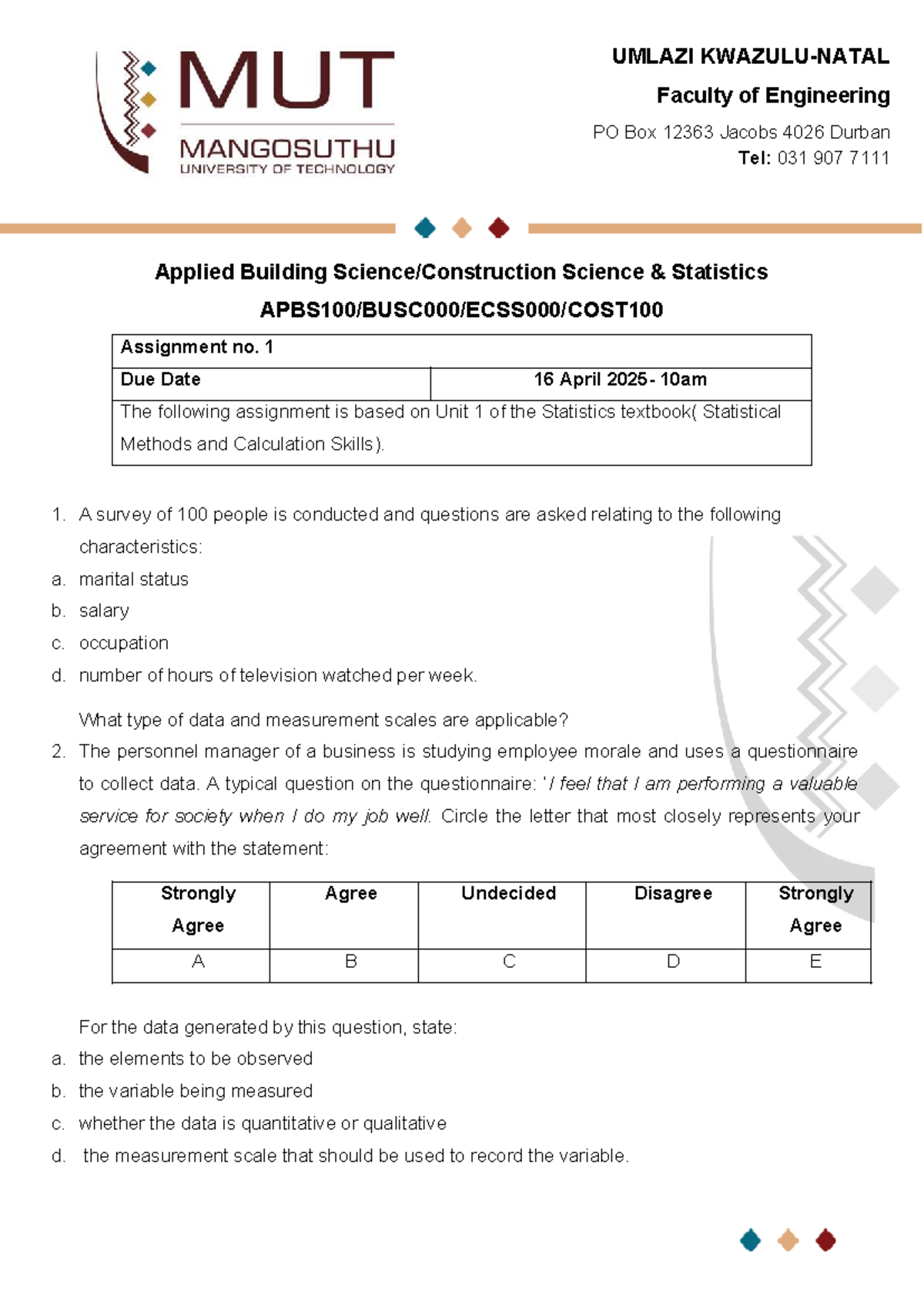 Statistics Assignment 1 (2025): Data Types & Measurement Scales - Studocu