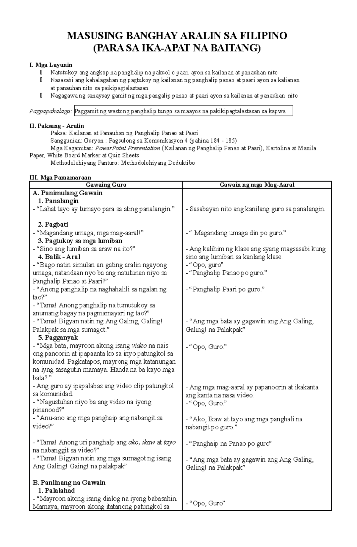 Filipino detailed lesson plan - MASUSING BANGHAY ARALIN SA FILIPINO (PARA SA IKA-APAT NA BAITANG ...