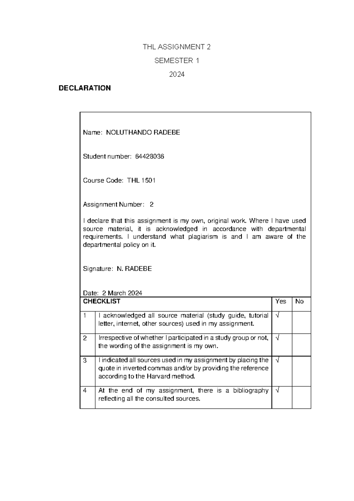 THL 1501 2 - THL ASSIGNMENT 2 SEMESTER 1 2024 DECLARATION Name ...
