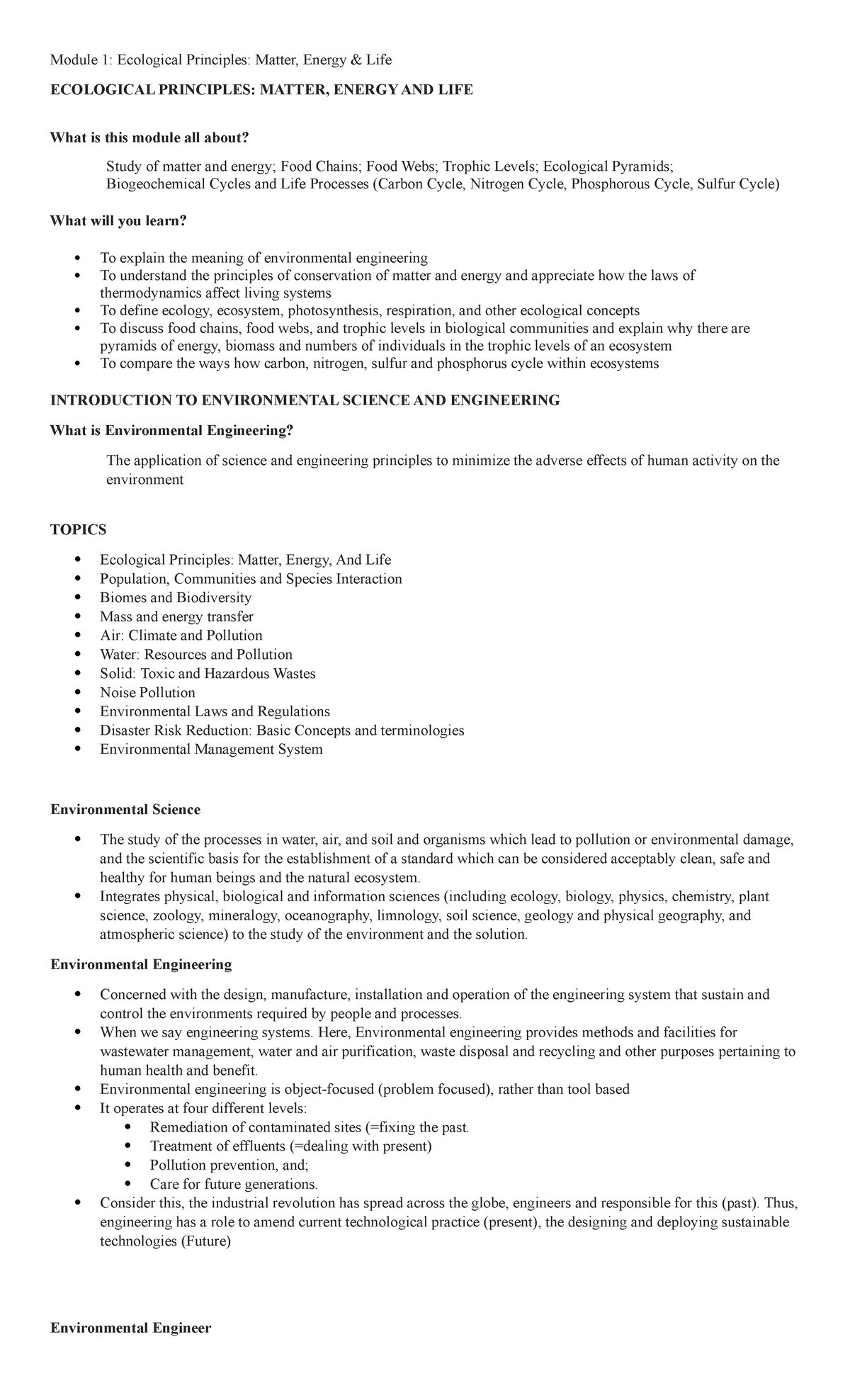Module 1 - Ecological Principles: Matter, Energy & Life in ...