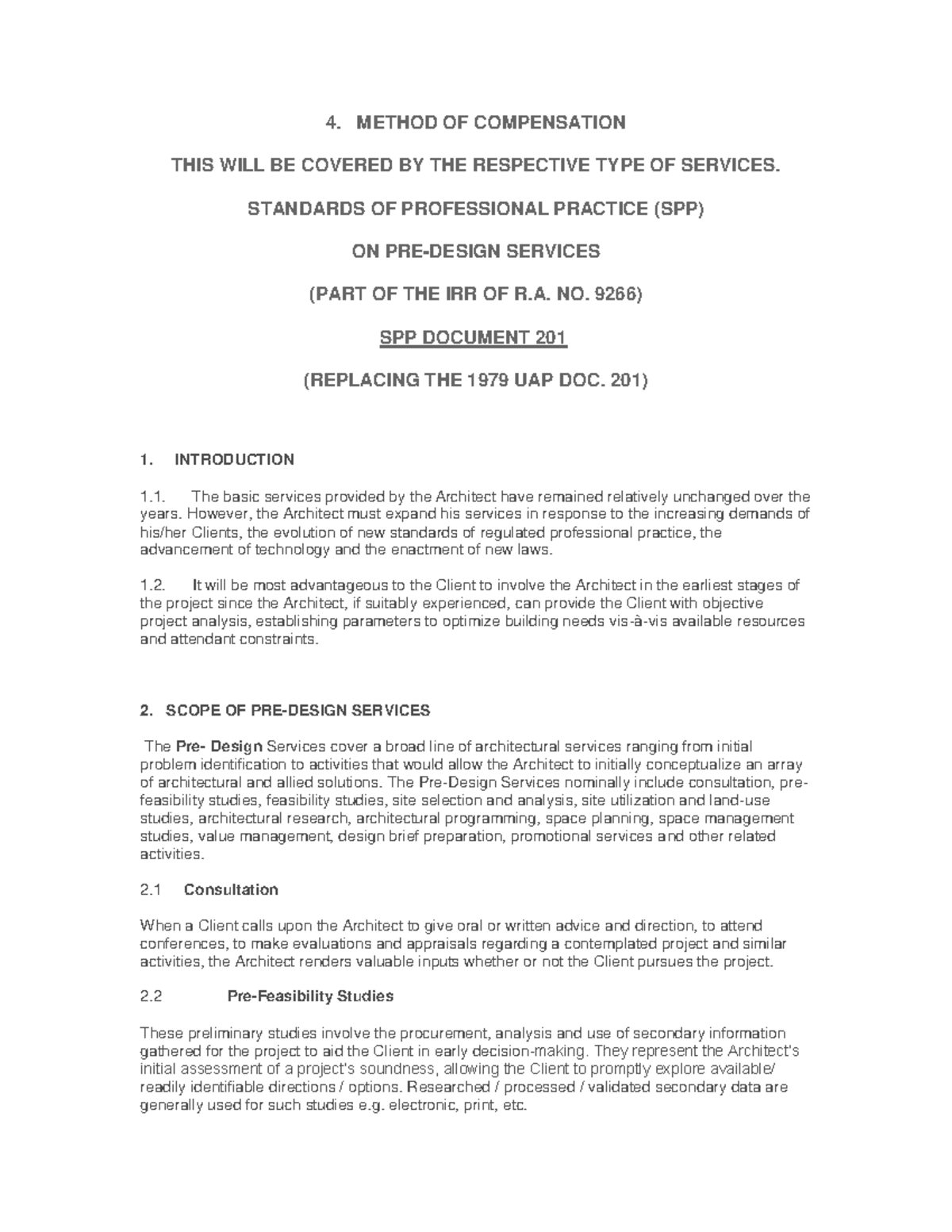 SPP DOC 201 - PRE-DESIGN SERVICES & COMPENSATION METHODS GUIDE - Studocu