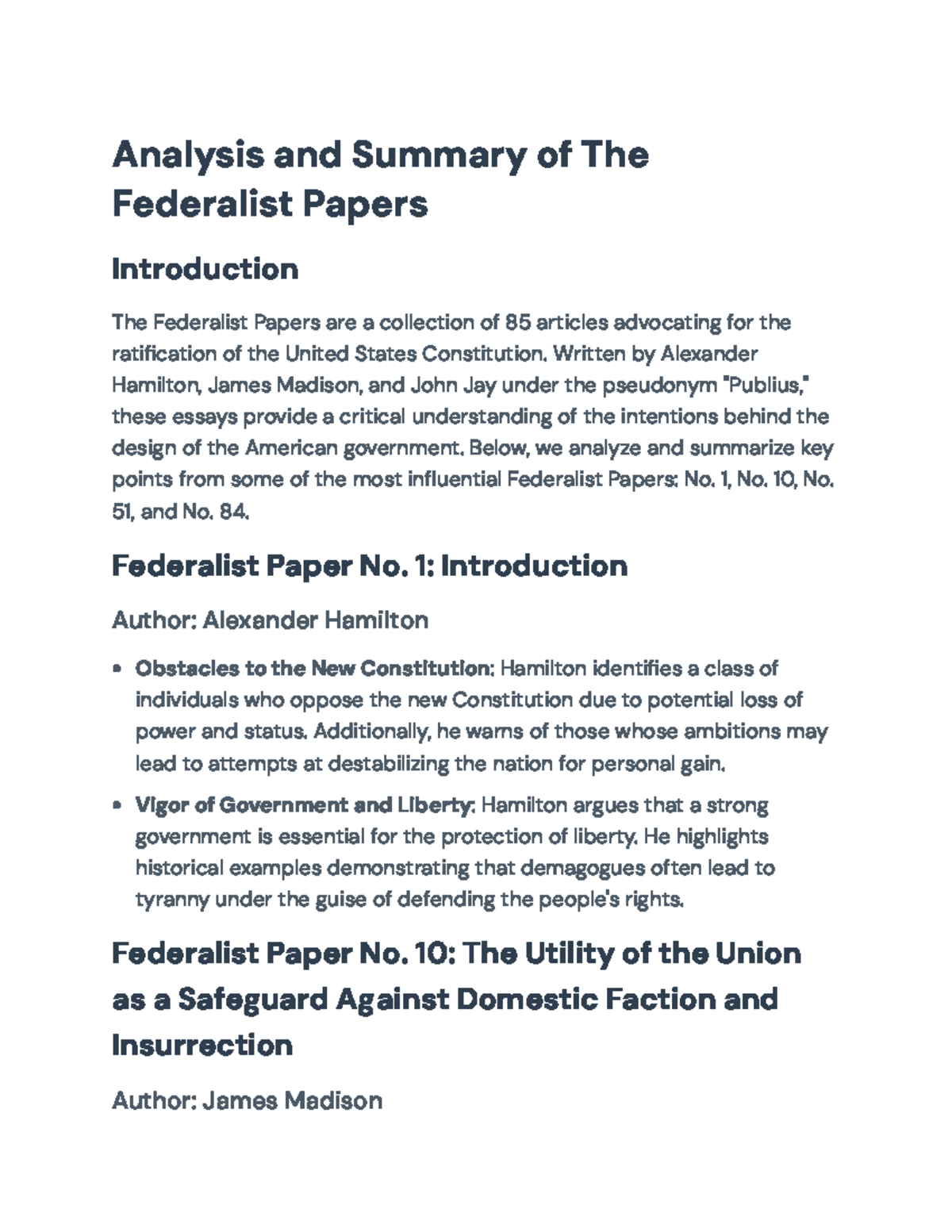 Analysis and Summary of The Federalist Papers (POL 101 Lecture Notes ...