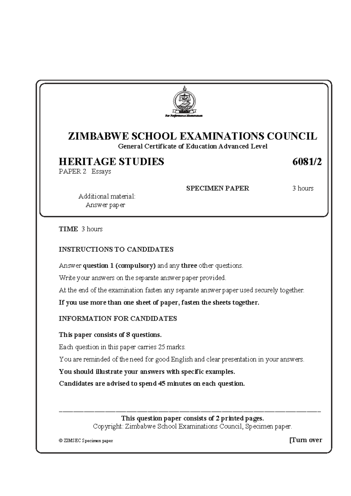 ZIMSEC A Level Heritage Studies Paper 2 Specimen Exam 3 Hours - Studocu