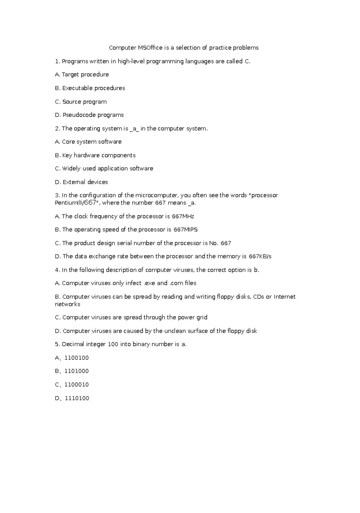 Computer MSOffice: Practice Problems and Multiple Choice Questions ...