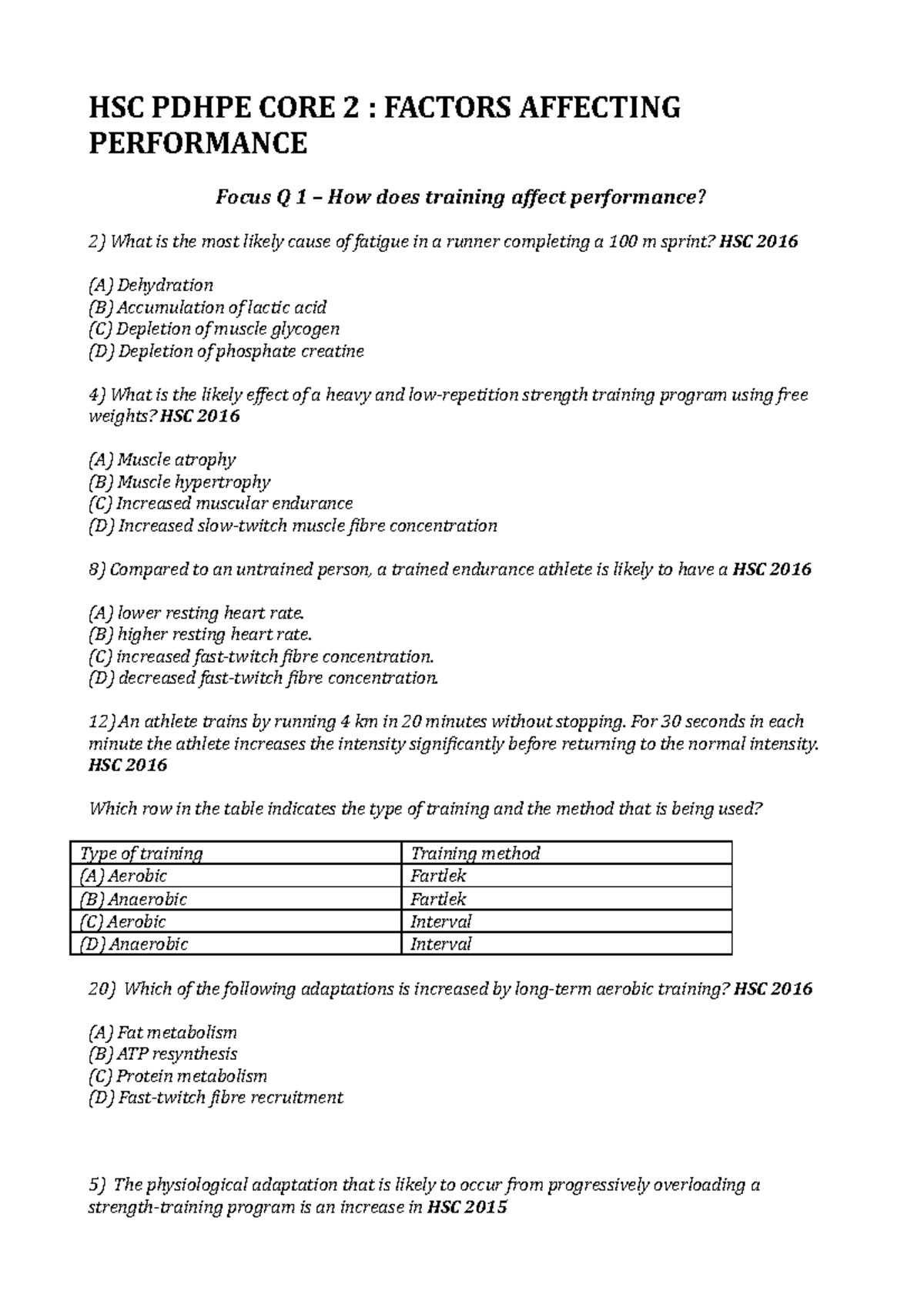 MC Questions - HSC PDHPE CORE 2 : FACTORS AFFECTING PERFORMANCE Focus Q ...