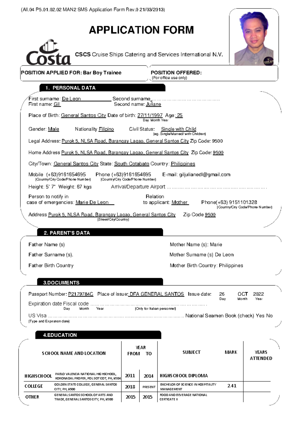 CSCS Bar Boy Trainee Application Form - Rev.0 (21/03/2013) - Studocu