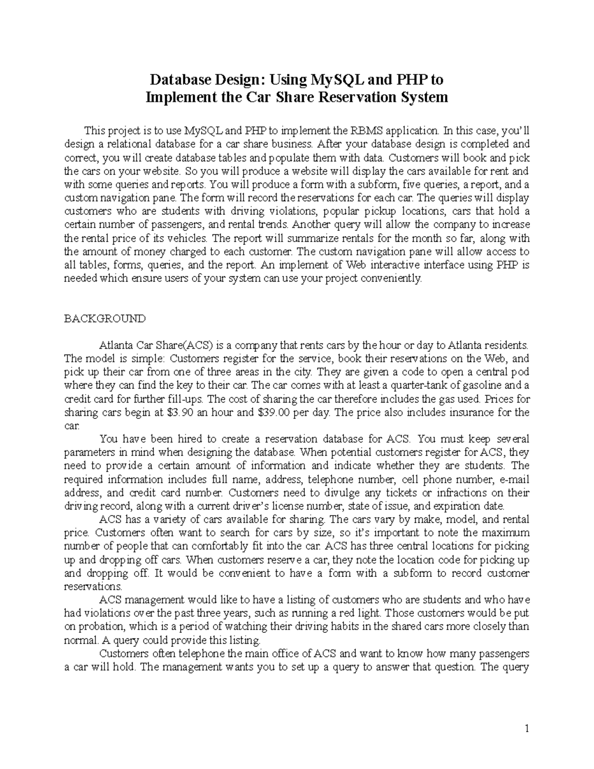 实验4：使用MySQL与PHP实现共享汽车预定数据库系统 - Studocu