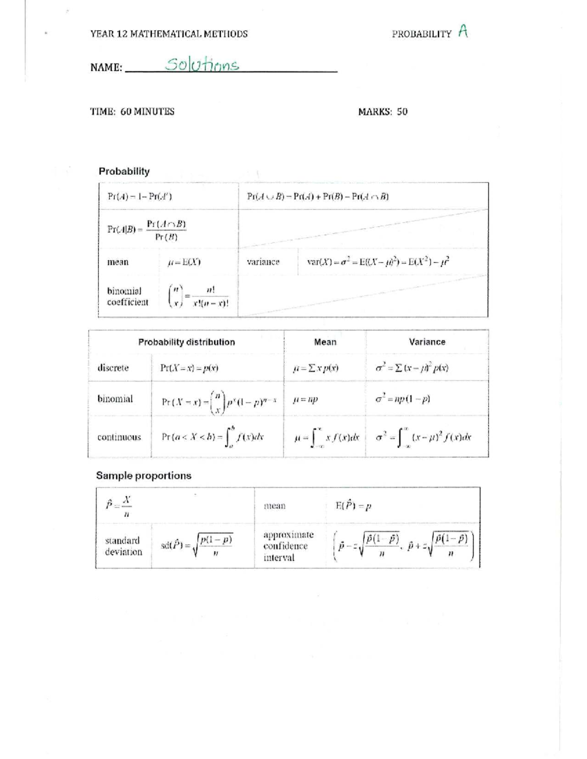 YEAR 12 MATHEMATICAL METHODS PROBABILITY TEST A SOLUTIONS - Studocu