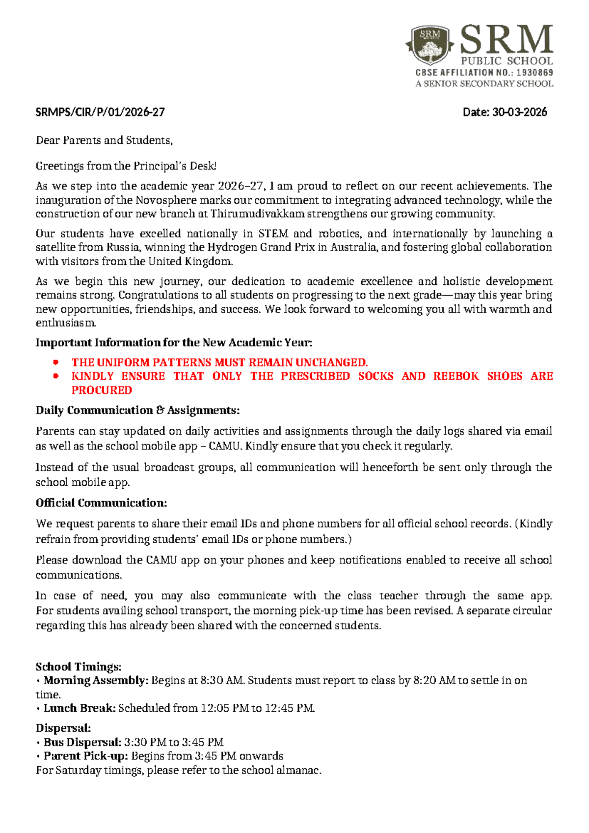 Opening Circular V: Important Info for Parents & Students 2023-24 - Studocu