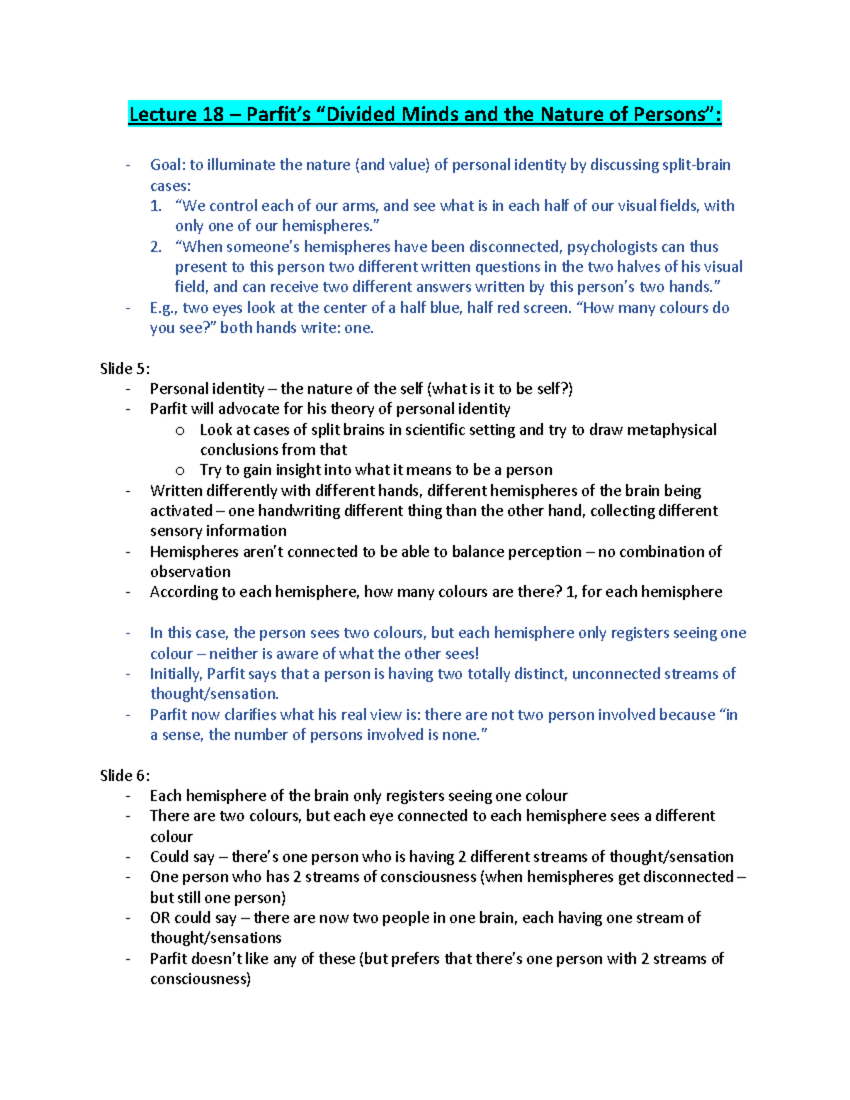 Lecture 18-19 - Exploring Personal Identity: Parfit & Adeofe ...