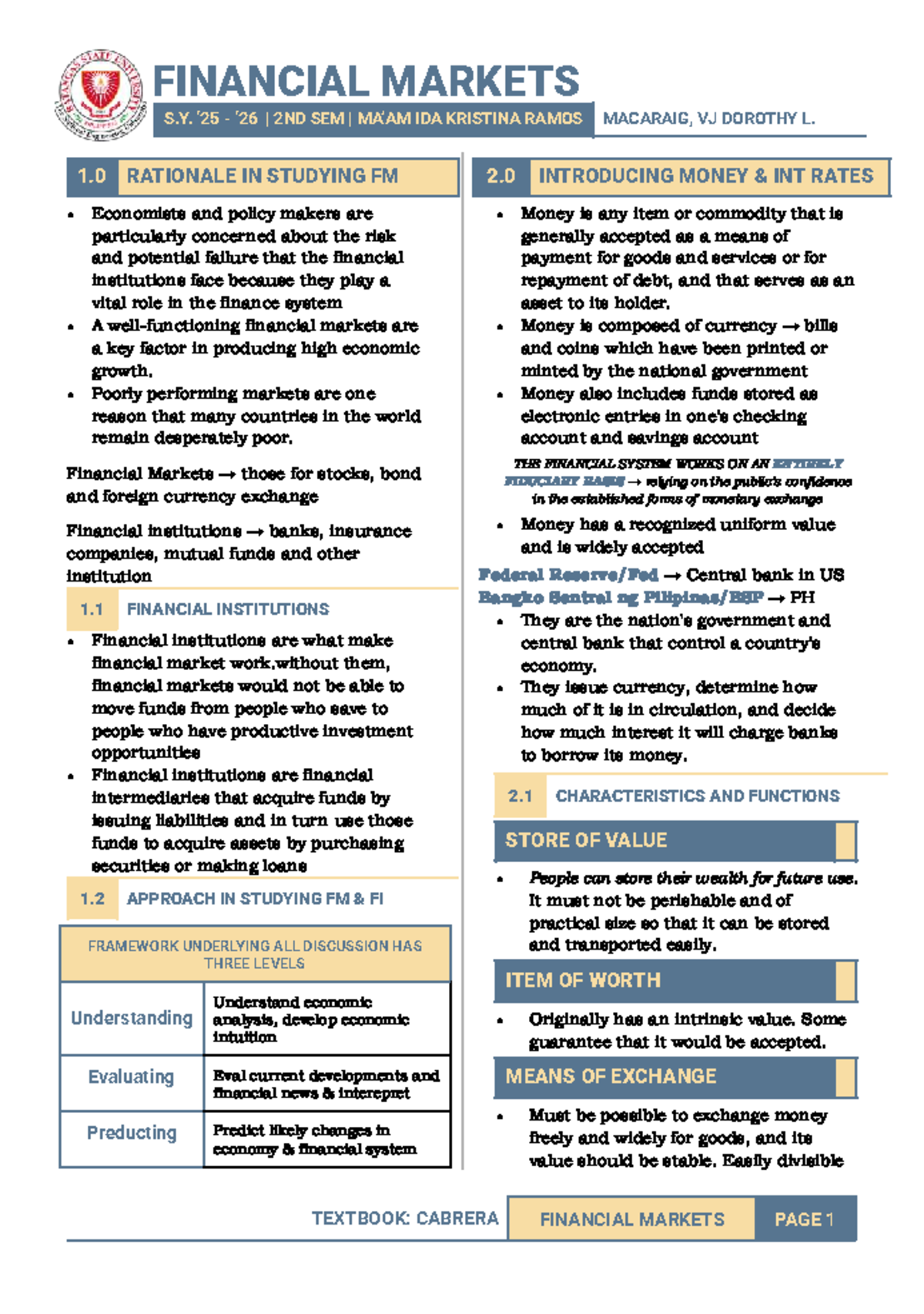 Financial Markets S.Y. 2nd Sem - Prelim Study Notes by Ida Kristina ...