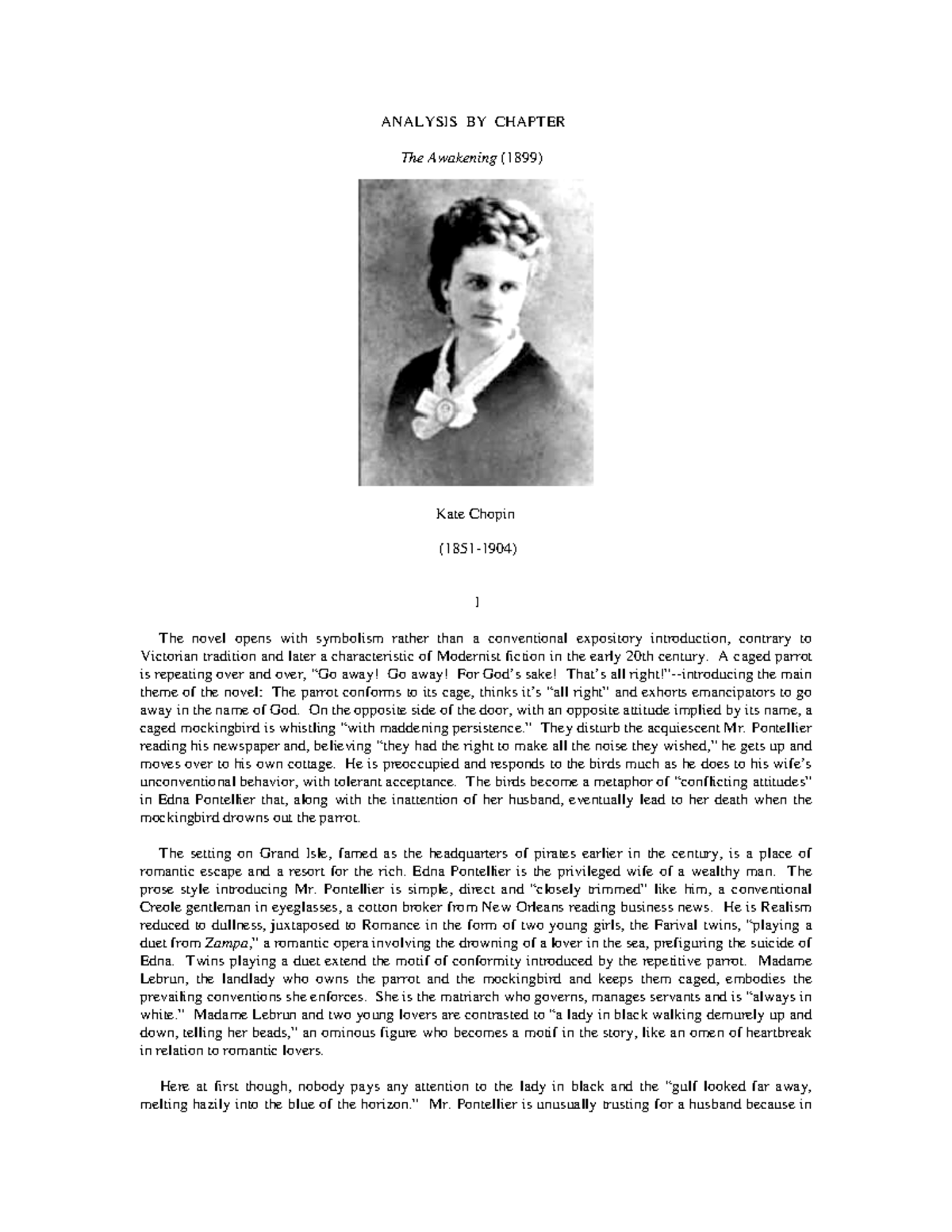 Analysis of Kate Chopin's The Awakening: Chapter Breakdown - Studocu