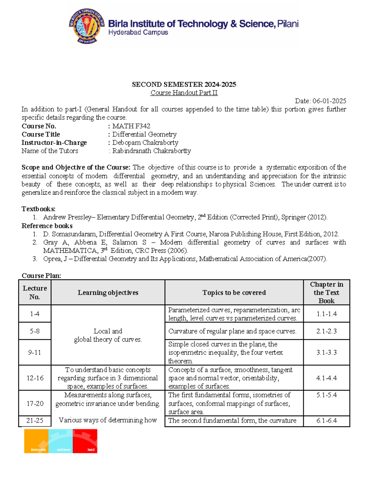 MATH F342 Debopam - handout - SECOND SEMESTER 2024- Course Handout Part II Date: 06-01- In ...