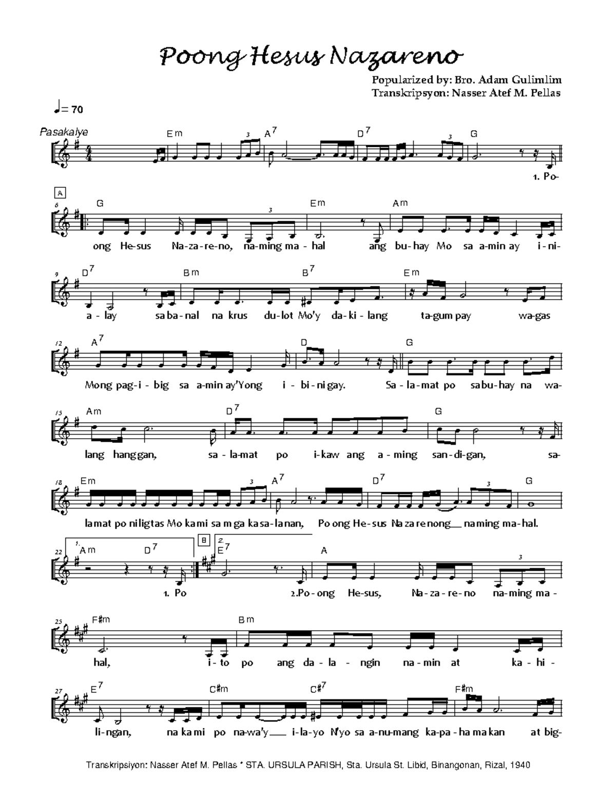 Poong Hesus Nazareno - Music Sheet Transcription for Worship - Studocu